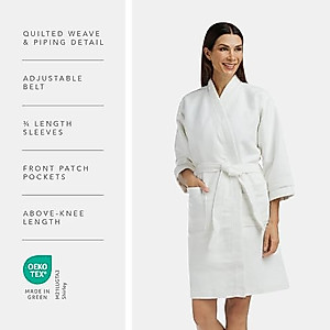 Fishers Finery Women's Cotton Modal Waffle Kimono Resort Spa Robe; Absorbent Above Knee Length Bathrobe with Pockets; Lounge and Sleepwear Essentials (White, XS)