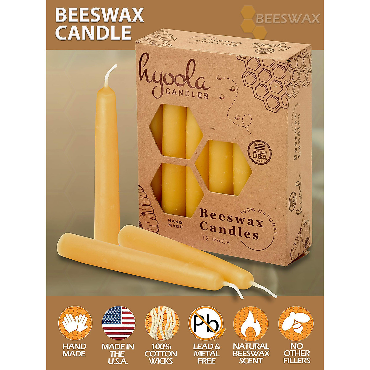 Hyoola Beeswax Candles 12 Pack - All Natural 100% Beeswax Tree Candles - 1/2 Inch Candles - Handmade in The USA - Yellow