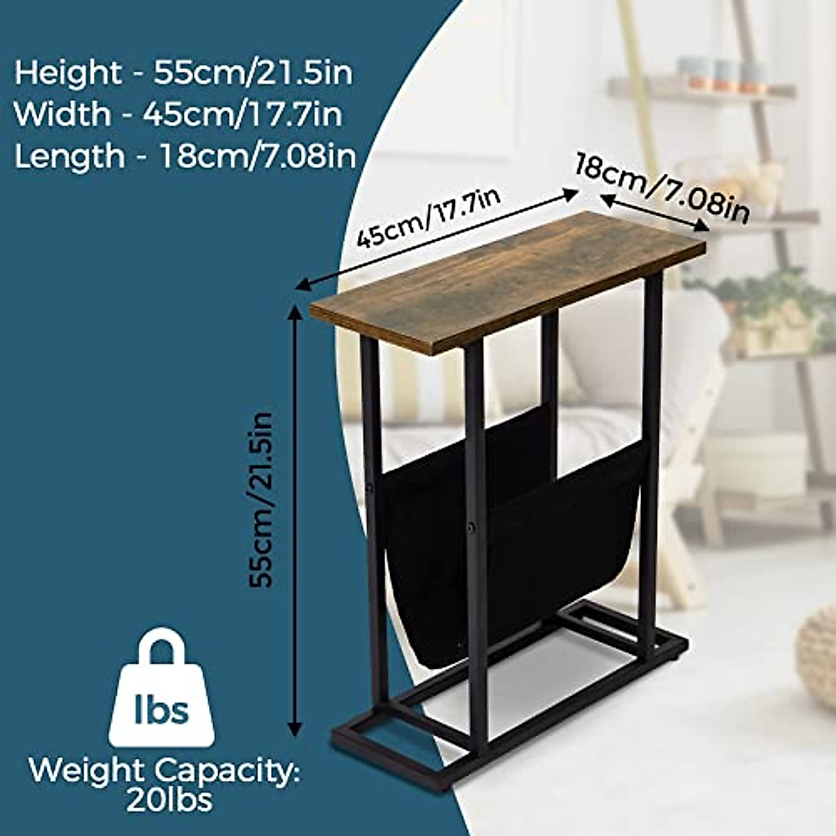 Small Side Table for Small Spaces - Narrow Small End Tables Living Room - Slim End Table with Magazine Holder - Skinny Bedside Table Small Nightstand Bedroom - Industrial Rustic Little Thin Side Table