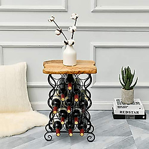 WELLAND Wine Rack End Table, Freestanding Small Wine Console Table, 13 Bottles Rustic Wine Stand Storage Organizer Display Rack | Metal & Natural Edge Cedar Wood Top | 13.8" W x 7.3" D x 20.1" H