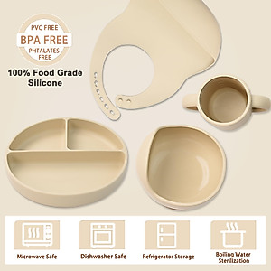 LITTLE RAWR Silicone Baby Feeding Set 14 Pcs,Baby Led Weaning Supplies, Baby Spoons Suction Bowl Divided Plate Bib Cup Finger Brush,First Stage Solid Food Eating Utensils - 6+ Months(Beige)