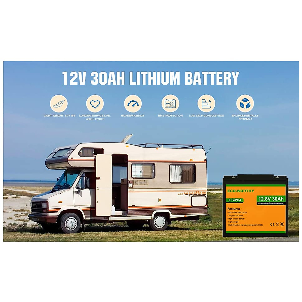 ECO-WORTHY 12V 30AH LiFePO4 Battery, Rechargeable Lithium Ion Phosphate Deep Cycle Battery for Trolling Motor, Golf Gart, Kids Scooters, Power Wheelchairs, Replacement of 12V 35AH SLA Battery