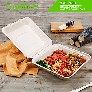 Sunlive 100% Home Compostable 50 Pack Disposable Clamshell Take Out Food Containers, 8X8'' 1-Compartment to go Containers, Heavy-Duty to go Boxes, Eco-Friendly Biodegradable, Made of Sugarcane Fibers