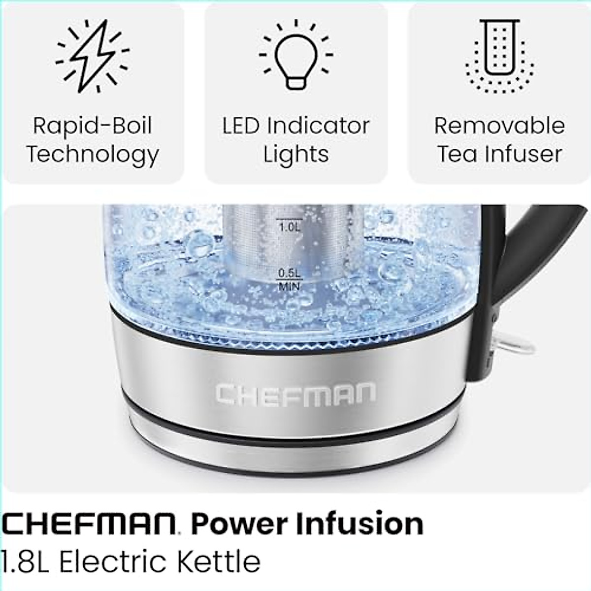 Chefman Electric Glass Kettle LED Indicator Lights, 360 deg Swivel Base, BPA Free, Stainless Steel, 1.8 Liters