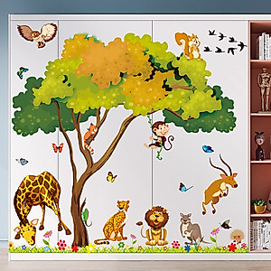Jungle Animal and Tree Wall Decals Removeable DIY Flower Lion Giraffe Owls Wall Sticker Peel and Stick Wall Decor for Nursery Kids Room Bedroom Living Room