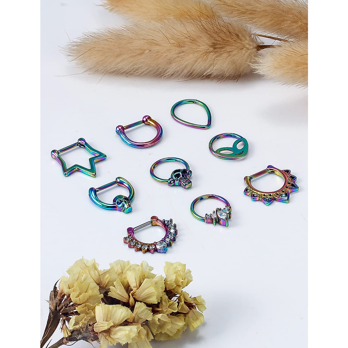 Vsnnsns 16G Septum Rings Piercing Jewelry Skull Septum Jewelry CZ Clicker Ring Stainless Steel Septum Hinged Segment Nose Rings Hoop Piercing Jewelry for Men Women 10mm Rainbow 9pcs