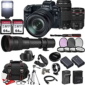 Canon EOS R Mirrorless Camera w/RF 24-105mm f/4 L is USM Lens + EF 75-300mm f/4-5.6 III Lens + 420-800mm f/8.3 HD Telephoto Lens + 2X 64GB Memory + Hood + Case + Filters + Tripod + More (33pc Bundle)