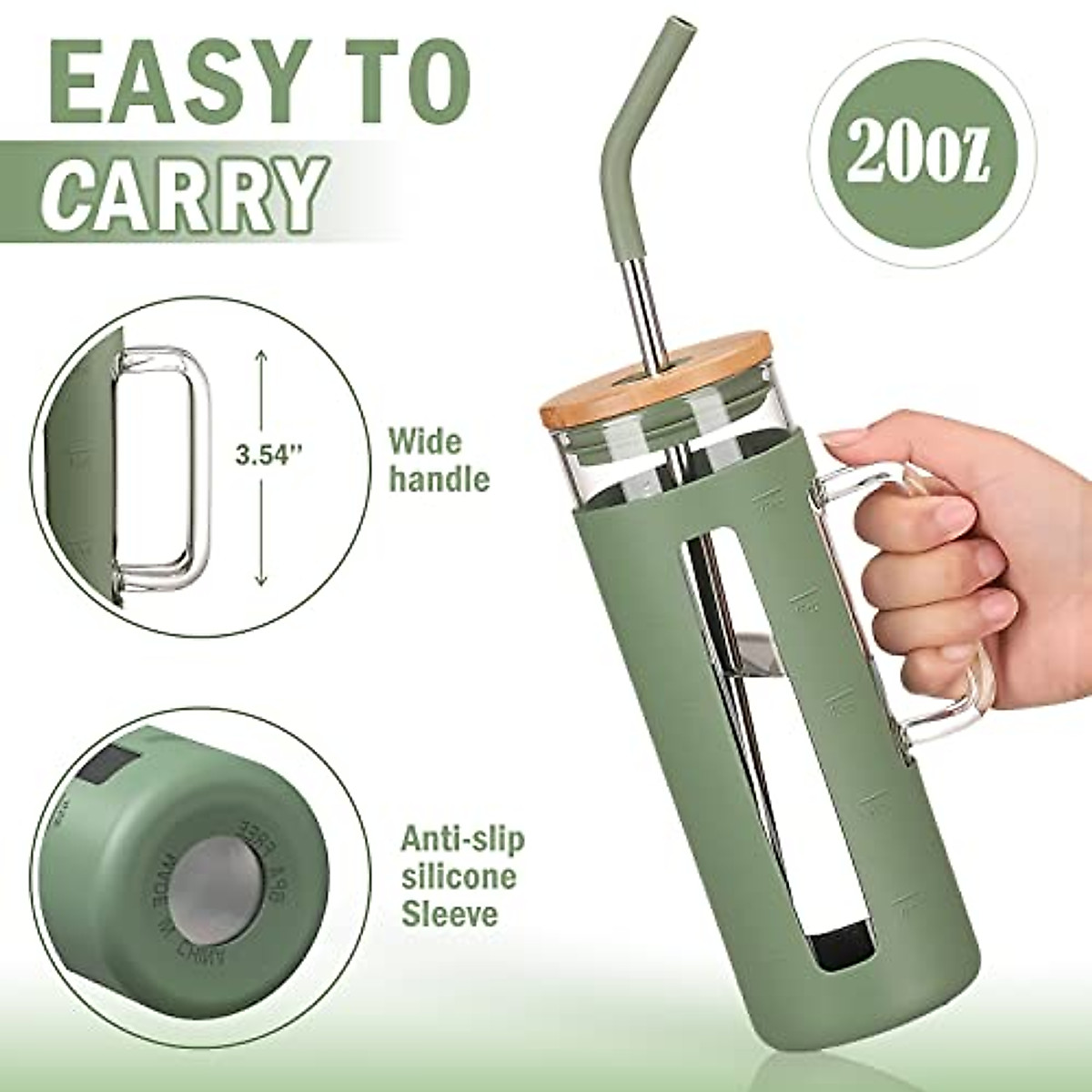 Kodrine Tumbler with Lid and Straw, 20 oz Glass Coffee Tumbler with Handle, Smoothie Cup with Bamboo Lid | Time Marker | Silicone Protective Sleeve, BPA Free - Olive