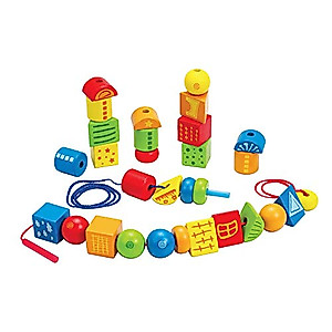 Hape String-Along Shapes | Classic 32 Piece Wooden Block Stacking Game, Multi-Colored Lacing Toy