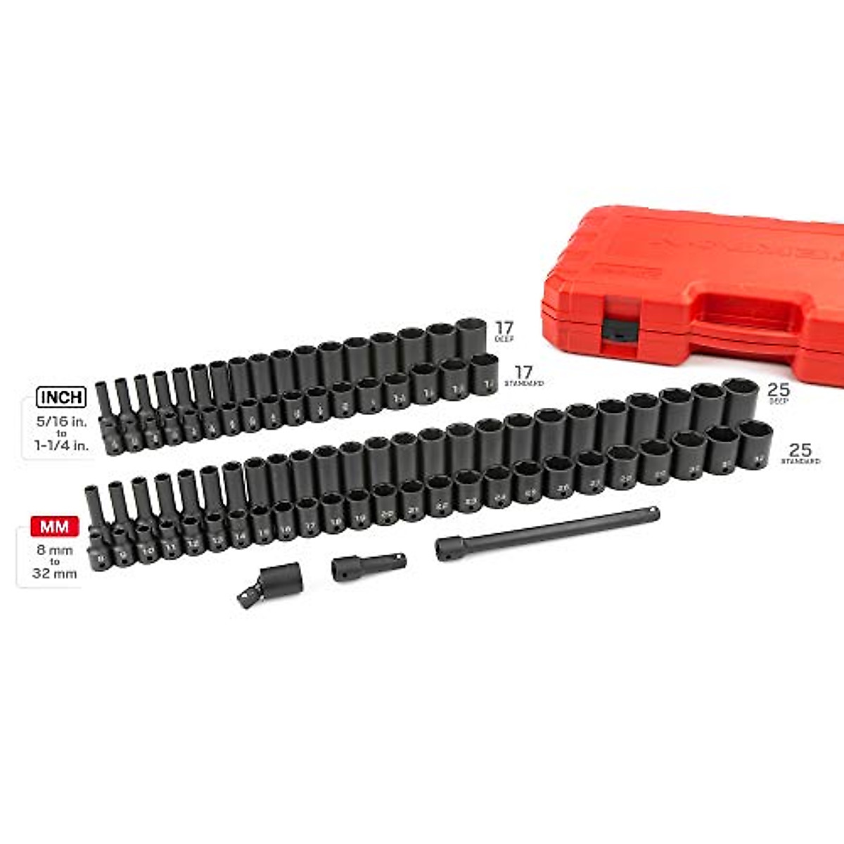 TEKTON 1/2 Inch Drive 6-Point Impact Socket Set, 87-Piece (5/16-1-1/4 in., 8-32 mm) | SID92407