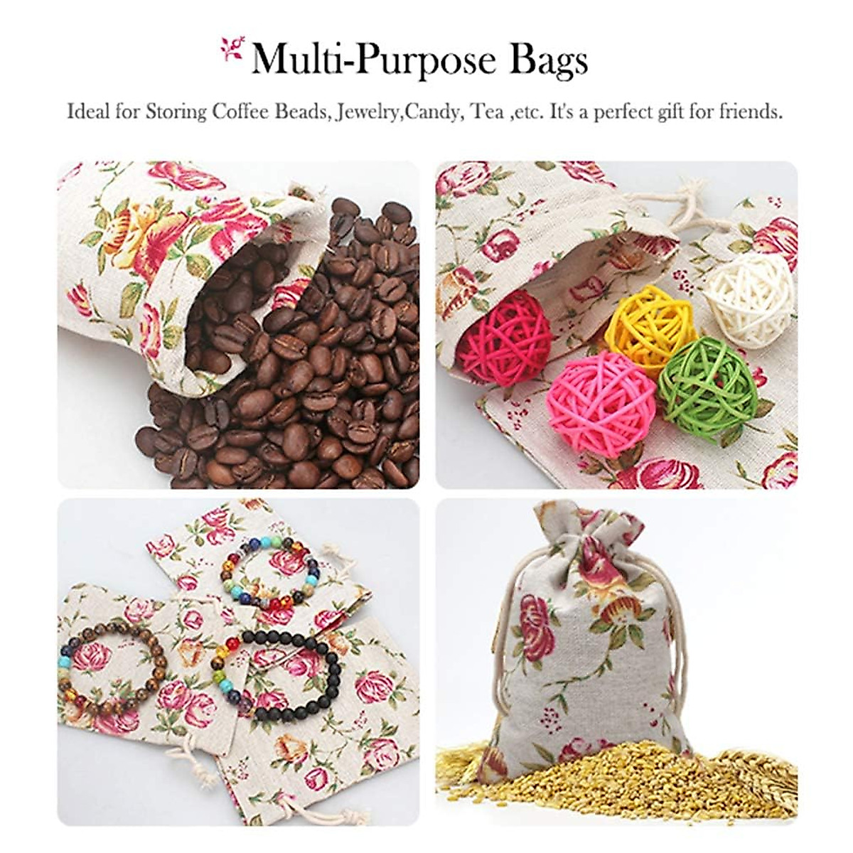 Hapdoo 50 Pack Rose Double Drawstring Burlap Bags Gift Reusable Linen Bags Jewelry Pouches Sacks for Wedding Party Gift 4"x 5.5", Presents, Festivals