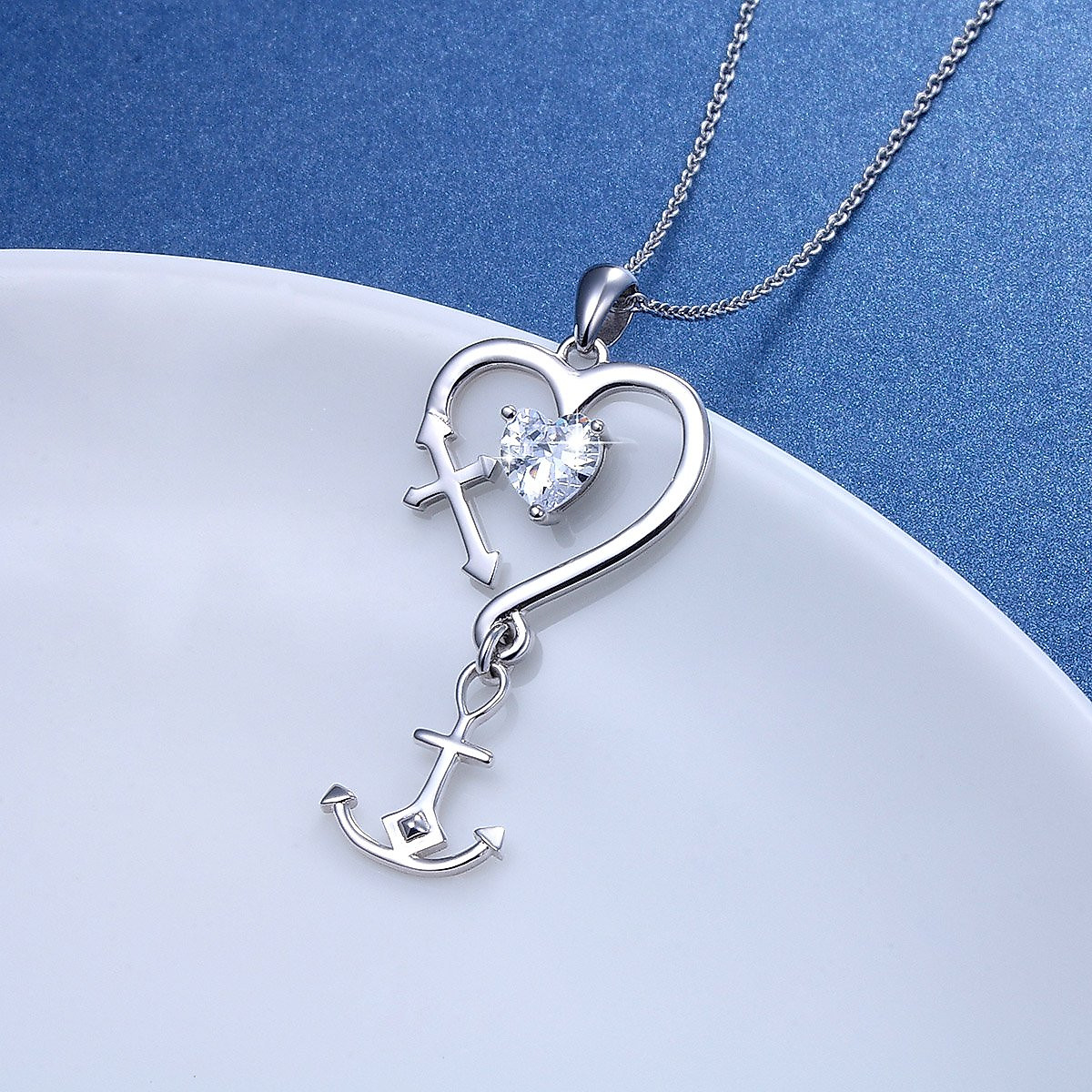 S925 Sterling Silver Faith Hope Love Heart Cross Anchor Pendant Necklace for Women 18"