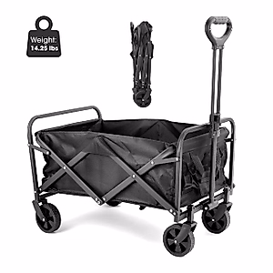Heavy Duty Collapsible, Foldable, and Rolling Outdoor Utility Wagon for Camping, Beach with Spring-Loaded Handle (Black)