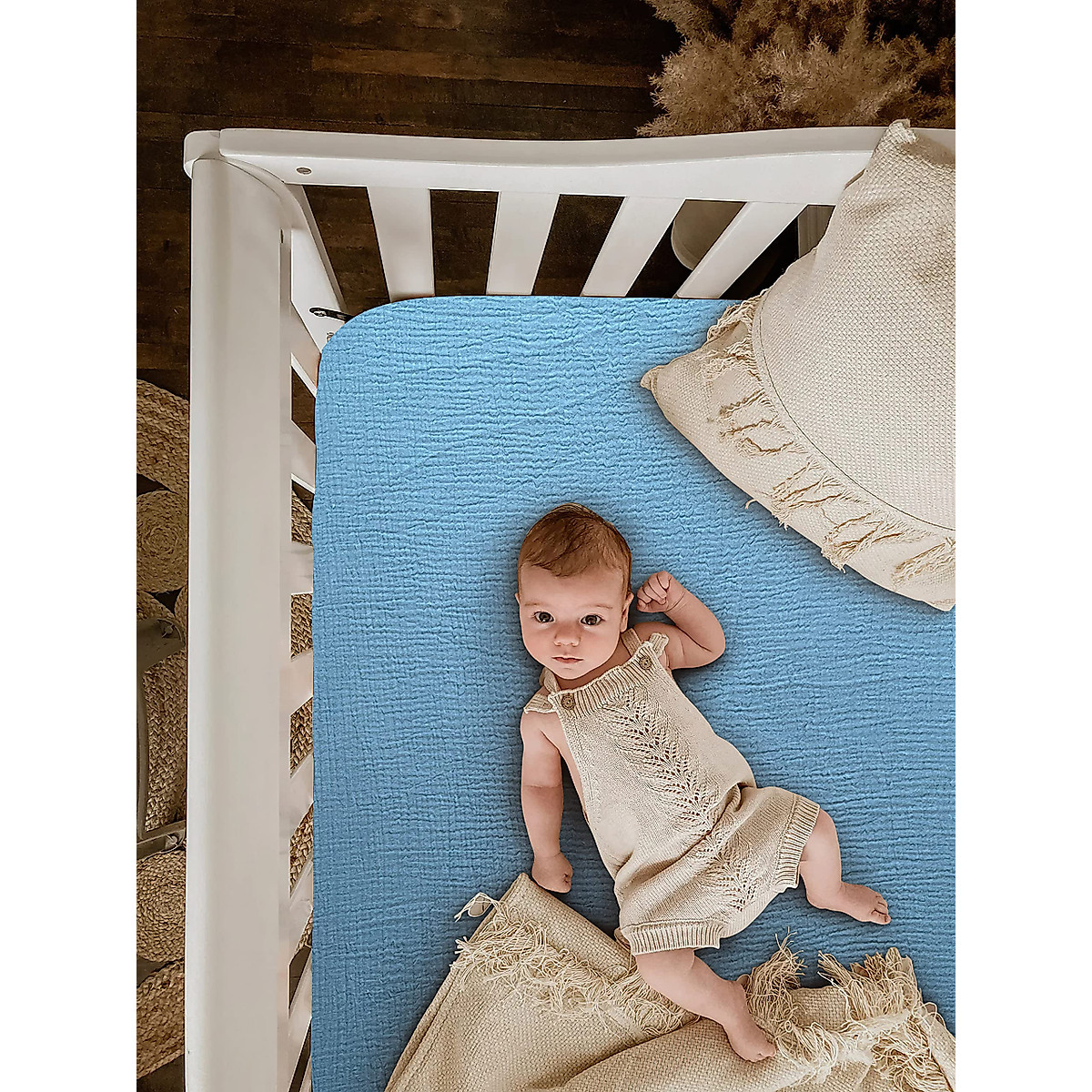 Muslin Crib Sheet, Muslin Fitted Crib Sheet, Soft Fitted Crib Sheet, Stretchy and Breathable Toddler Crib Sheet for Boys and Girls, Fits Standard Crib and Toddler Mattress (Dusty Blue)