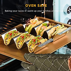 Taco Holder, Taco Stand, Taco Holders Set of 4, Stainless Steel Taco Rack with Handles, Each Metal Taco Tray Plates Holds Up to 2 or 3 Hard or Soft Taco Shells, Oven Grill and Dishwasher Safe