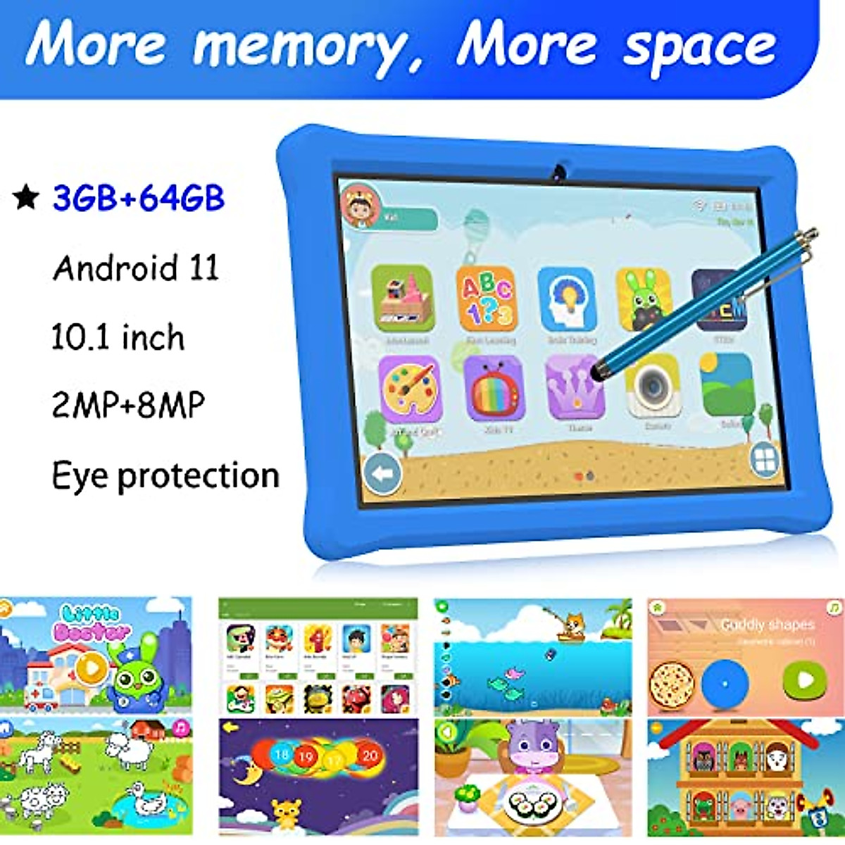 RUIQIAI Kids Tablet 10 inch with Case, Android 11 Tablet for Kids, 3GB+64GB, IPS Touch Screen, Parental Control, Dual Cameras, Wi-Fi,BT（Tablet with Pen）