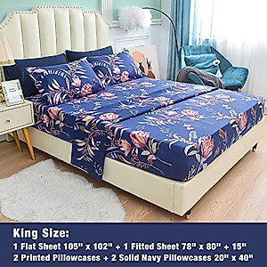JSD Navy Blue Floral Printed Sheet Set King 6 Piece, Soft Microfiber Botanical Pattern Bed Sheets Extra Deep Pocket