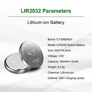 CT-ENERGY Rechargeable 2032 Batteries 8 Pack for Air Tag,3.6V Rechargeable Lir2032 Battery Replace CR2032