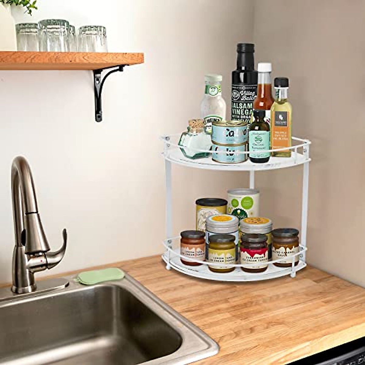 2-Tier Corner Shelf Bathroom Countertop Organizer,Vanity Organizer Cosmetic Holder Perfume Makeup Standing Rack,Kitchen Countertop Spice Rack Organizer Wooden Storage Shelf Under Sink Organizers
