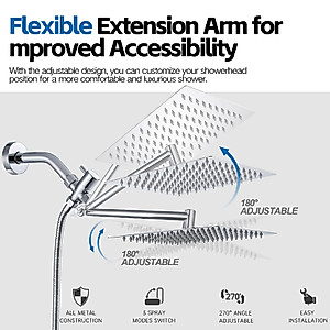 Shower Head,8”Rain Shower Head with Handheld Spray Combo with 11'' Angle Adjustable Extension Arm/Flow Regulator/Shower System,High Pressure Rainfall Shower Head Clean Bathroom,Chrome