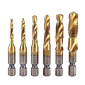6Pcs M3 M4 M5 M6 M8 M10 Coated HSS Spiral Flute Metric Taps Set Metric Thread Tap Drill and Tap Bits 1/4" Hex Shank Screw Taps Tool Set