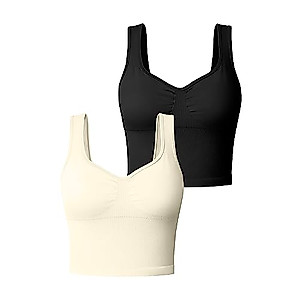 OQQ Women's 2 Piece Tank Shirt Seamless Workout Exercise Padded Sports Yoga Crop Bra, Black,beige, Large