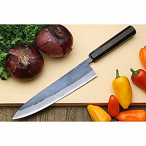 Yoshihiro Kurouchi Black-Forged Blue Steel Stainless Clad Gyuto Chefs Knife and Petty Utility Knife 2pc Set Ebony Handle (Gyuto 210mm & Petty 135mm)