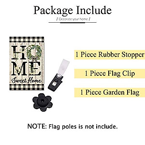 ORTIGIA Home Sweet Home Magnolia Small Garden Flag Burlap Vertical Double Sided Spring Farmhouse Rustic Buffalo Check Plaid Flower Home Decor for Yard Lawn Patio Outdoor