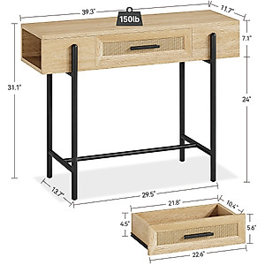 IDEALHOUSE Console Table Rattan Sofa Tables Narrow Entryway Table with Drawer and Storage, 40” Behind Couch Table Hallway Table Boho Desk Home Furniture for Living Room, Foyer, Bedroom
