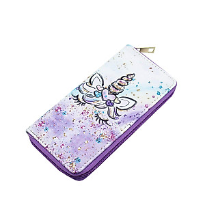 Suillty Cute Unicorn PU Leather Zip Around Long Wallet Cluth Travel Purse for Women Gilrs Ladies