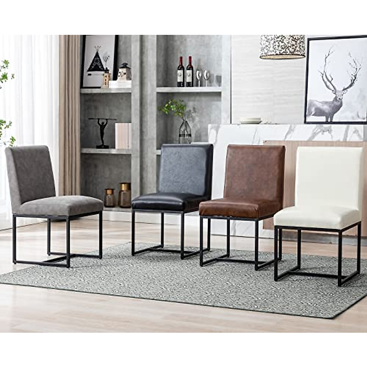 VESCASA Faux Leather Upholstered Dining Chairs with Black Metal Frame, Mid Century Modern Padded Kitchen Chair with Adjustable Foot Pads for Restaurant, Dining Room, Set of 2, Cream