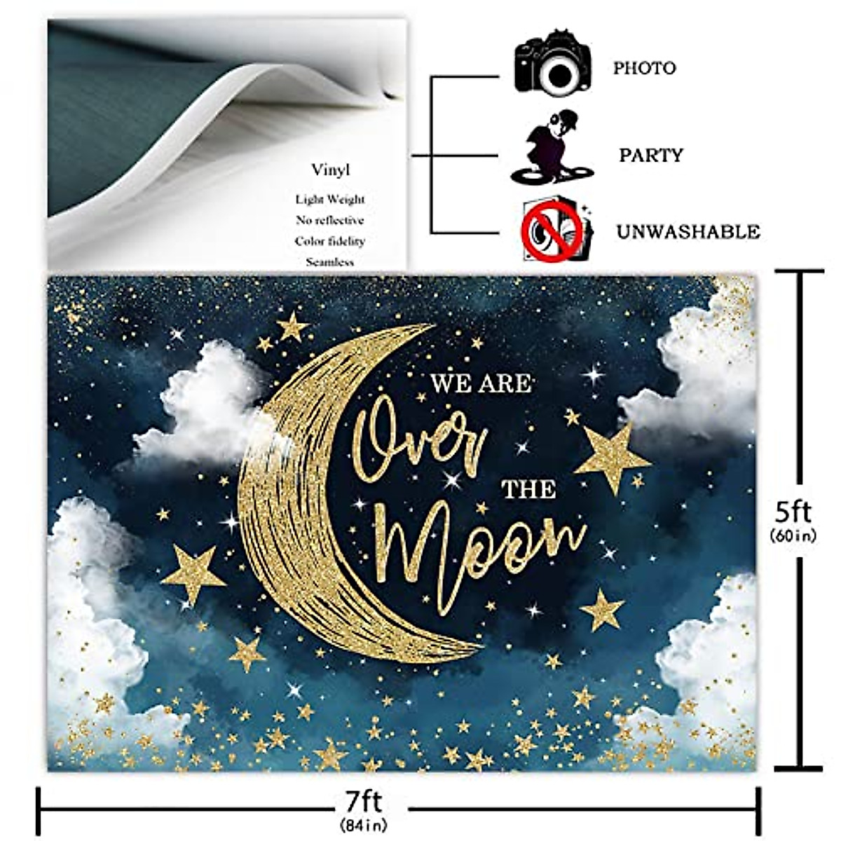 Avezano We are Over The Moon Baby Shower Backdrop Moon and Stars Starry Night Celestial Baby Shower Party Decorations Photoshoot Photography Background (7x5ft)