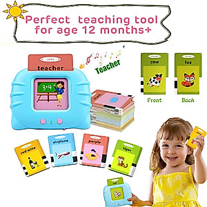 Educational Toddler Toy Flashcards Device,WONFAST 112PCS Double-Sided Illustrations Words Audible Preschool Learning Flash Cards Reader for Kids Boys Girls Birthday Christmas Children Gifts (Blue-1)