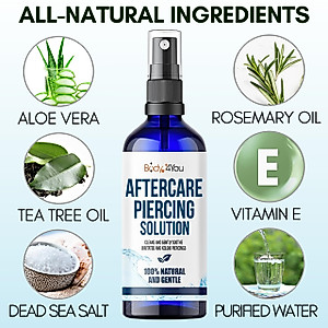 BodyJ4You Piercing Aftercare Spray - Saline Solution Natural Keloid Bump Removal - Ear Piercing Cleaner Nose Septum Belly Button Cartilage - Sea Salt Aloe Vera Rosemary - Fine Mist 2 Fl Oz