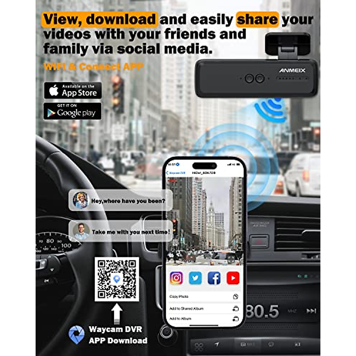 Dash Cam 1080P WiFi Dash Camera for Cars, Dash cam Front with App, Car Camera with Night Vision, 170° Wide Angle WDR, 24 Hours Parking Mode, G-Sensor, Loop Recording, Support 128GB Max - Car Charger