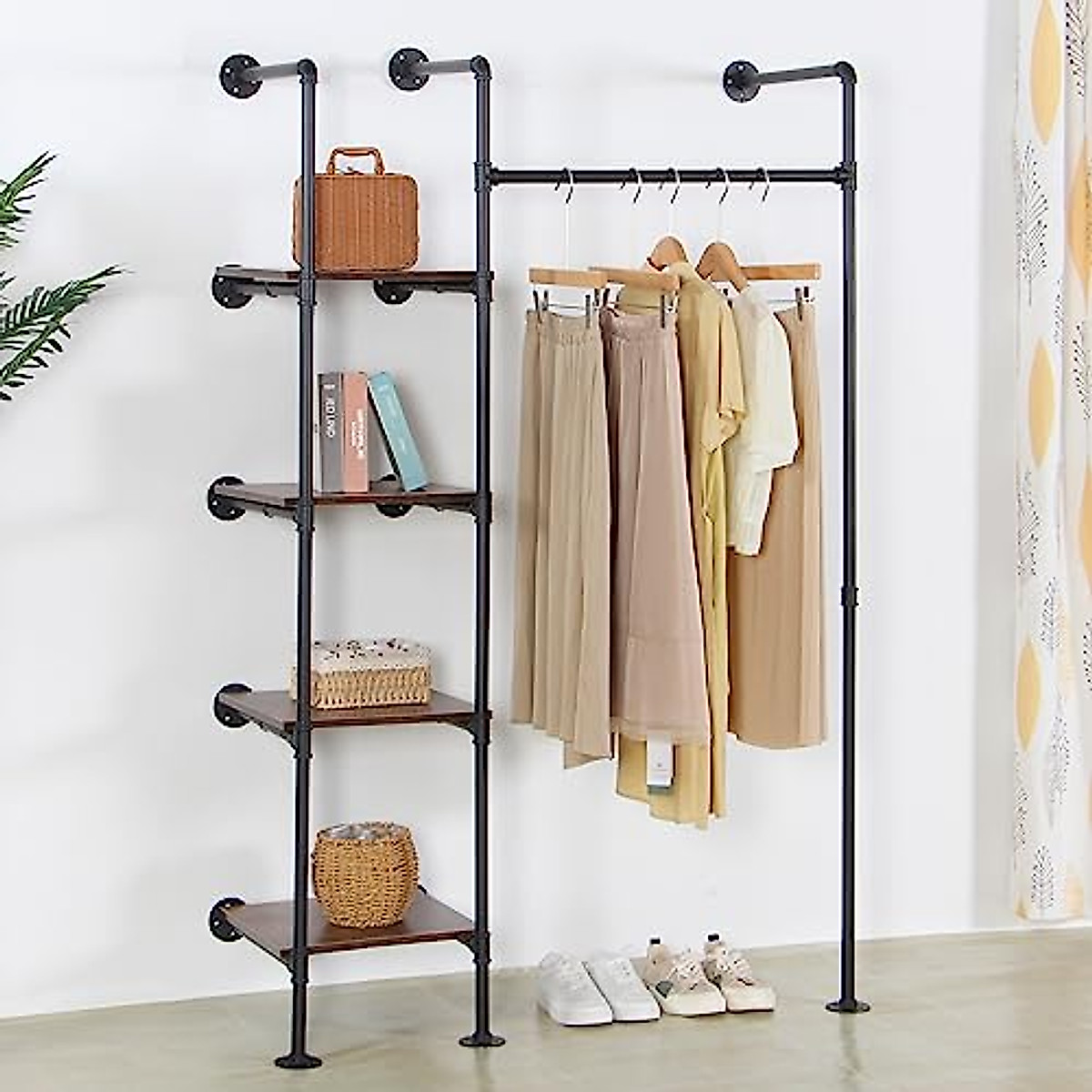 EDCB Industrial Pipe Clothing Rack with Shelves, 71inch Wall Mounted Closet Storage Rack,Hanging Clothes Retail Display Rack, Garment Racks with Shelves Closet Rods System