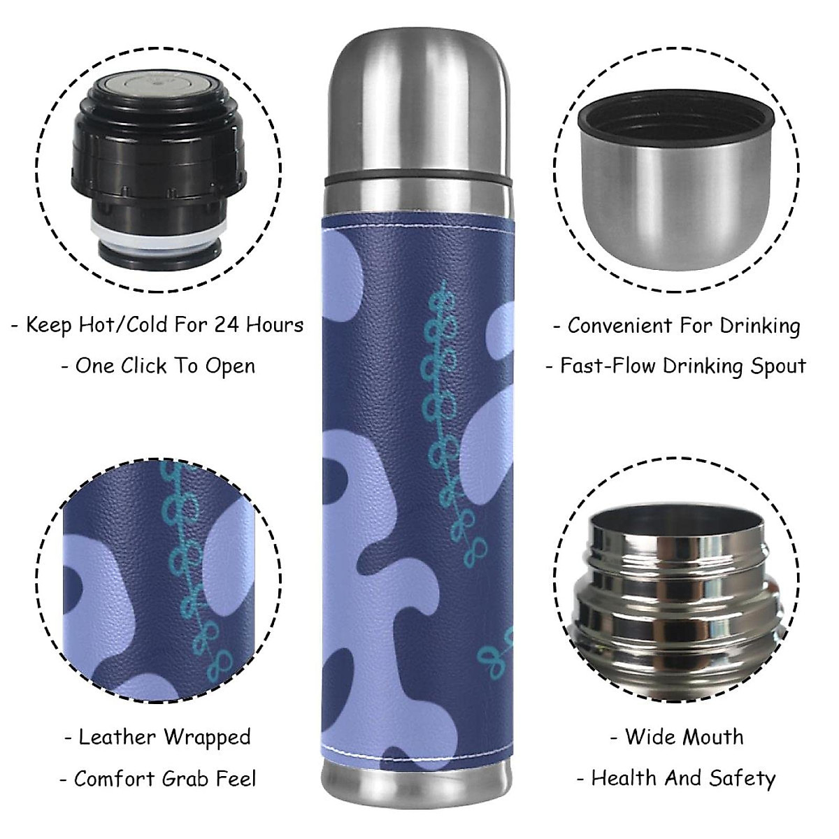 Stainless Steel Leather Vacuum Insulated Mug Seaweed Thermos Water Bottle for Hot and Cold Drinks Kids Adults 16 Oz