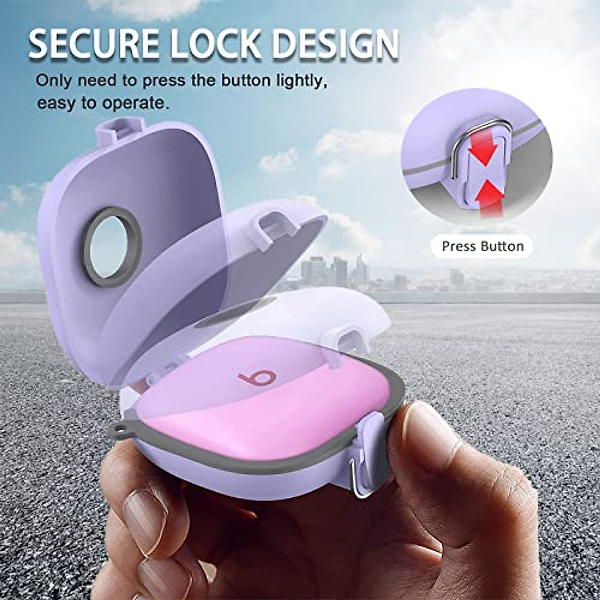 Miimall Compatible for Beats Fit Pro Case, [Upgrade Secure Lock][Anti-Lost Keychain] Military Protective Rugged TPU Case Cover for Beats Fit Pro Earbuds 2021 Accessories with Lanyard (Purple)