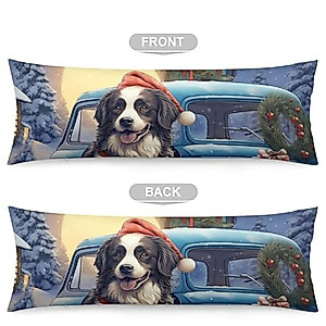 MaSiledy Christmas Dog and Blue Truck Body Pillow Case 20 X 54 Decorative Pillowcase Merry Christmas Winter Xmas Body Pillow Case with Hidden Zipper Closure for Adults Pregnant Women