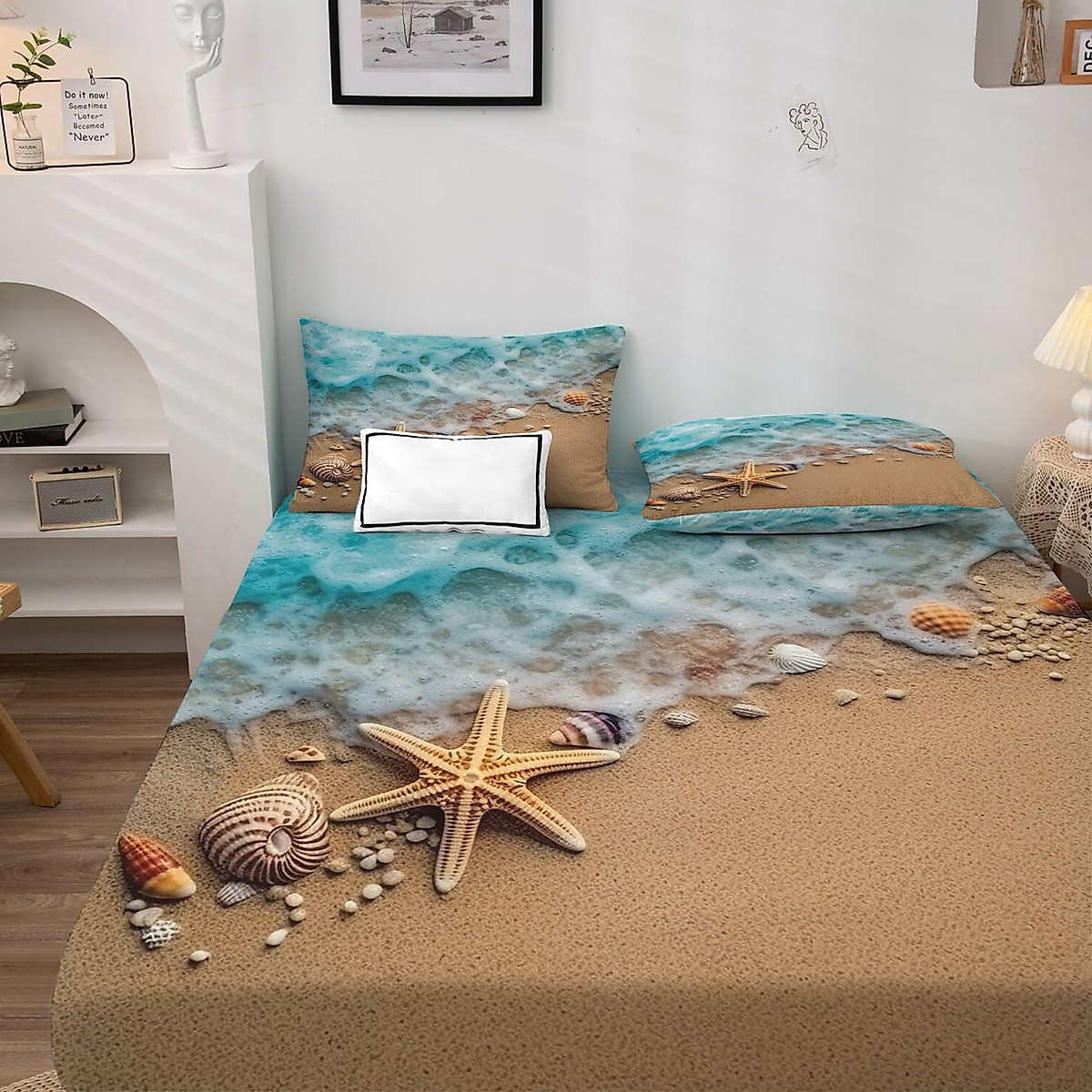 Beach Sheets Full Size, Ocean Sea Bed Sheets, Patterned Bedding Sheets & Pillowcases 4 Piece Set - Soft Microfiber Deep Pocket Fitted Sheet & Flat Sheet & 2 Pillow Cases Z1-&-155