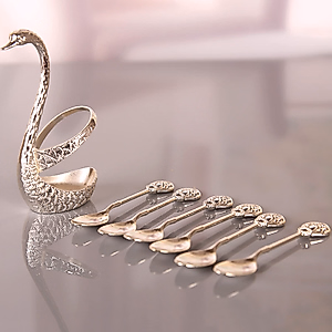 Metal Swan Base Spoon Fork Holder Set, Coffee Fruit Dessert Flatware Dinnerware Set for Decorative Swan Base Holder with 6 Forks or 6 Spoons (Silver spoon-4.9x2.2in)