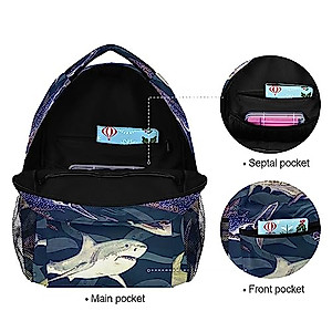 Oarencol Sharks Dark Blue Whale Hammerhead Watercolor Wave Animal Cartoon Fish Backpacks Bookbags Daypack Travel School College Bag for Womens Girls Mens Boys Teens