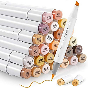 Ohuhu Alcohol Markers Skin Tone Brush Tip - Double Tipped Skin Color Markers for Artist Adults' Coloring Illustration - 36 Portrait Skin Colors w/ 1 Alcohol Based Blender, Chisel & Brush - Honolulu