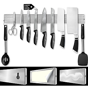 Homefer Magnetic Knife Holder for Wall - 15.7 inches - Stainless Steel Multifunctional Magnetic Strip for Organizing Kitchen Utensils - Glue, 2 Side Hooks & Foam Adhesive Strip Included - No Drilling!