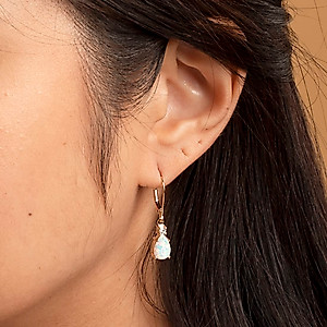 Peora 14K Yellow Gold Created White Fire Opal and Genuine Diamond Teardrop Leverback Earrings for Women, 2.10 Carats total Pear Shape 9x6mm, Dainty Fire Opal Jewelry, October Birthstone Earrings