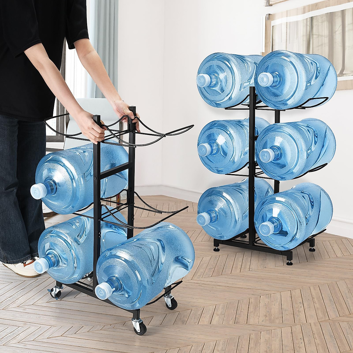 5 Gallon Water Bottle Holder with 4 Wheels, Heavy Duty Foldable Water Jug Stand 3-Tier Movable 5 Gallon Water Jug Holder Water Dispenser Rack for 6 Bottles, Black