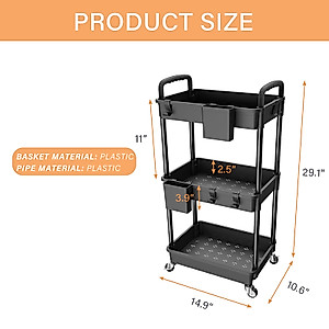 3 Tier Rolling Utility Cart with Handle,REBECAT Utility Cart Made of Multifunctional Storage Organizer Tool for Kitchen,Bathroom,Living Room,Office(Black)