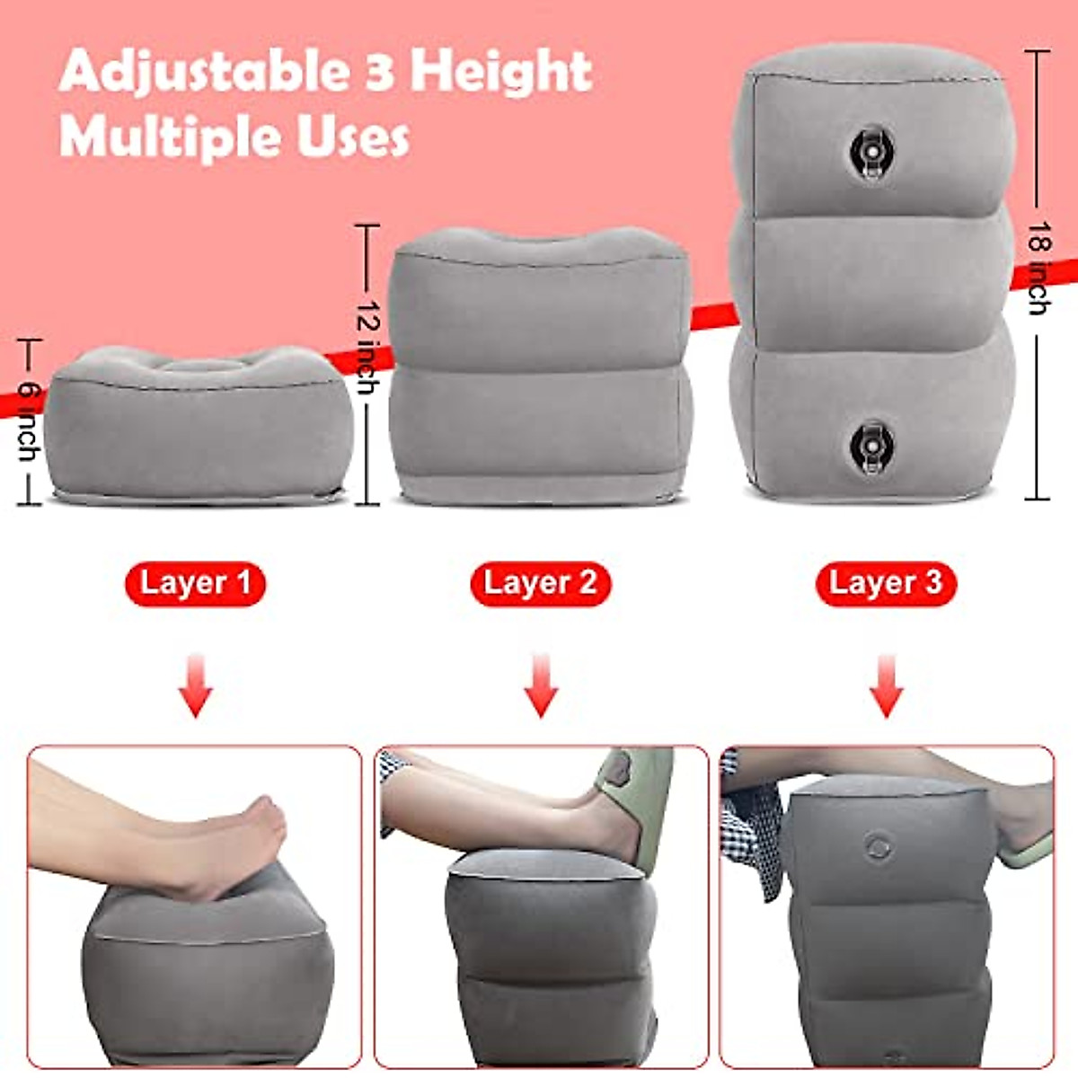 Inflatable Foot Rest Pillow for Travel Adjustable Three Layers for Adults Kids to Sleep While Traveling Suitable for Office Home with Pump Neck Pillow Eye Mask Earplugs and Portable Drawstring Bag