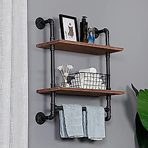 SSS Furniture Industrial Pipe Shelving Bathroom Floating Shelves Wall Mounted, 2 Tier 24 inch Rustic Wood Shelf with Towel Bar, Farmhouse Towel Rack Bathroom Shelf Over Toilet