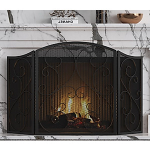 Fire Beauty Fireplace Screen 3 Panel Wrought Iron Metal 48"(L) x30(H) Spark Guard Cover(Sanded Black)